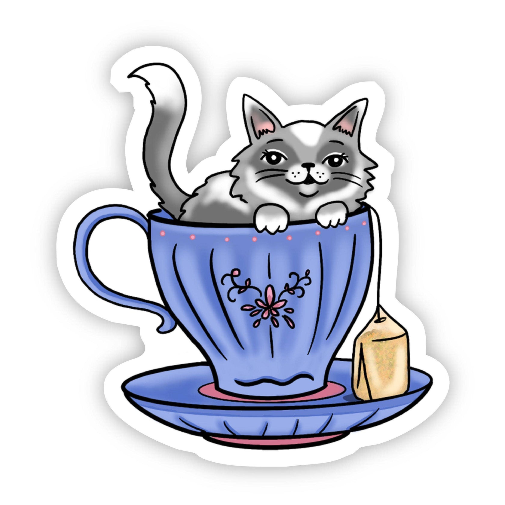 Cat Tea Sticker – Flowers and Gray