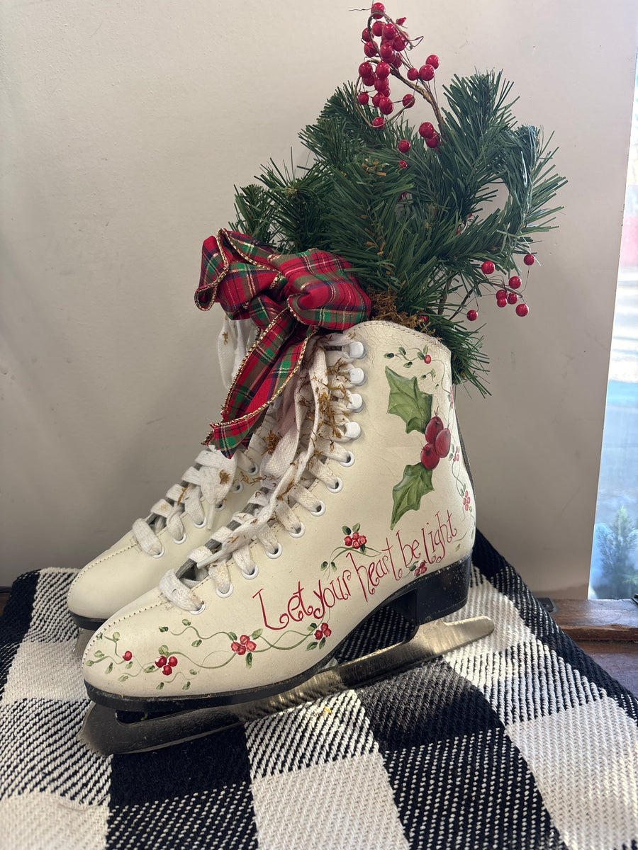Hand Painted Ice Skates Decor – Flowers and Gray