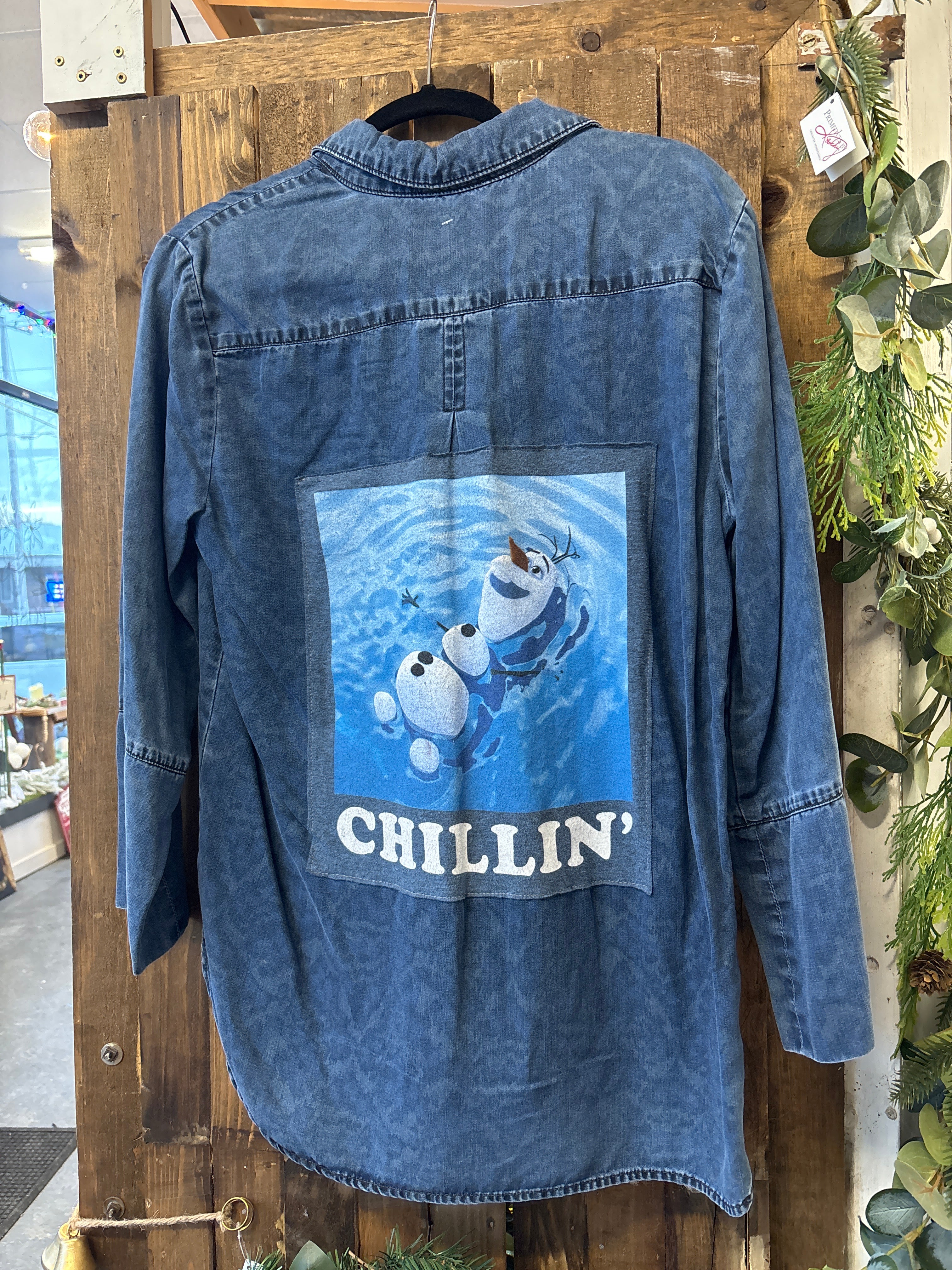 Repurposed Denim with Chillin' Snowman Patch – Flowers and Gray