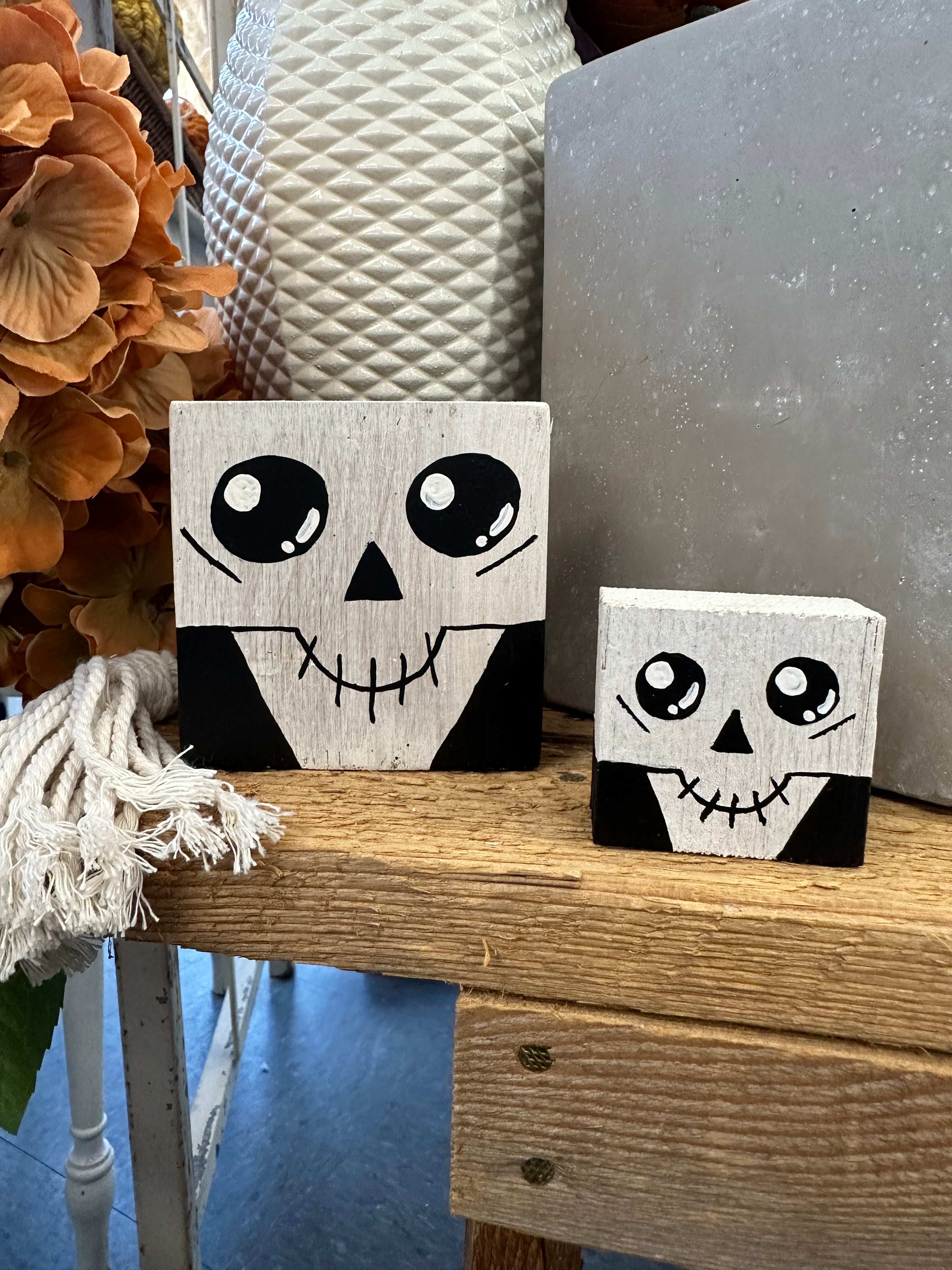 Handcrafted Wooden Skeleton Block – Flowers and Gray